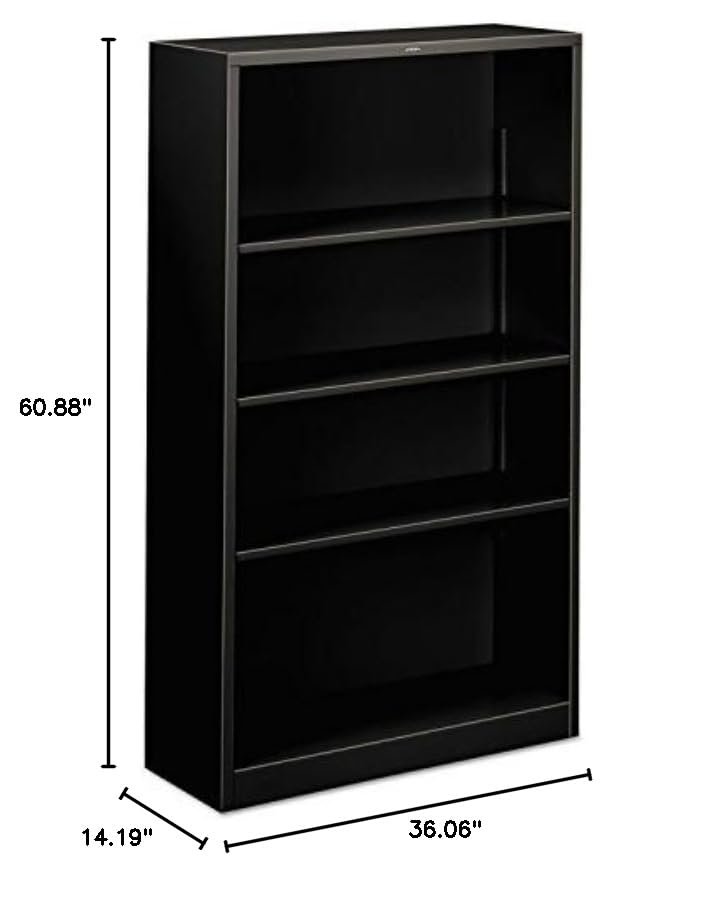 HON Metal Bookcase - 34.5" x 12.62" x 59" - Steel - 4 x Shelf(ves) - Rust Resistant, Heavy Duty - Black