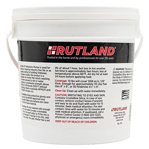 Rutland Dry Mix 211 Refractory Mortar, Masonry & Fire Brick Cement, No Heat Cure Required, Dark Gray, 2550F, 10 lb Pail