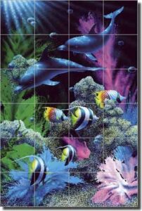 dolphin undersea ceramic tile mural backsplash 24" x 36" "enchanted waters" by david miller - wall shower backsplash