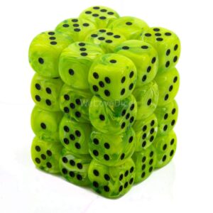 chessex dice d6 sets: vortex bright green with black - 12mm six sided die (36) block of dice