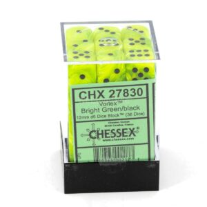 Chessex Dice d6 Sets: Vortex Bright Green with Black - 12mm Six Sided Die (36) Block of Dice