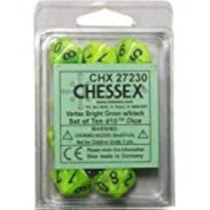 chessex dice sets: vortex bright green with black - ten sided die d10 set (10)