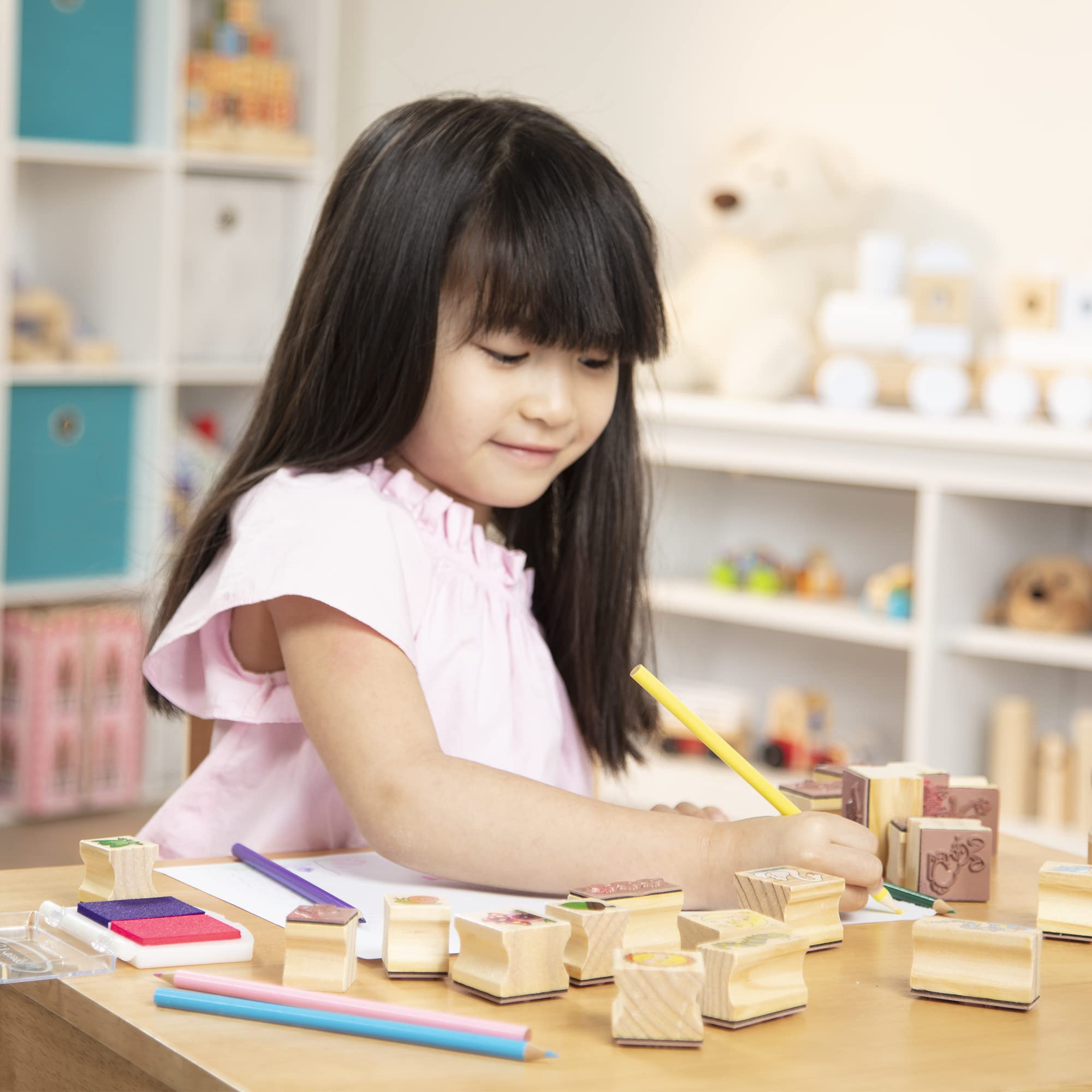 Melissa & Doug Stamp-a-Scene Stamp Pad: Fairy Garden - 20 Wooden Stamps, 5 Colored Pencils, and 2-Color Stamp Pad