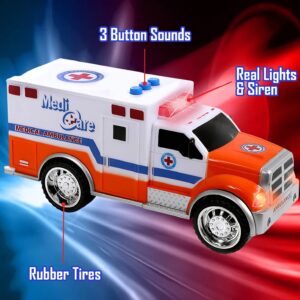 Liberty Imports 3-in-1 True Hero Emergency Rescue Vehicles Kids Toy Cars Playset - Ambulance, Fire Truck and Police Car with 3-Button LED Light and Sound Effects