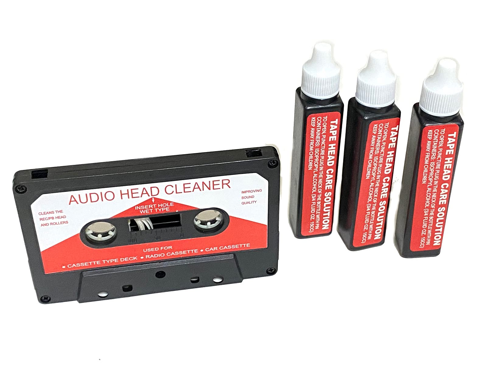 Audio Tape Cassette Head Cleaner w/ 3 Cleaning Fluids Care Wet Maintenance Kit by Alazco