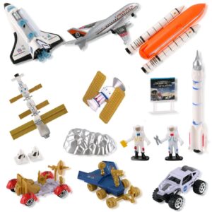 space shuttle exploration toy playset - kids aerospace space station with diecast alloy spaceshuttle, fuel tank, rocket, rovers, airplane, vehicles, satellites, astronaut figures & accessories