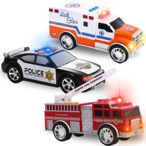 liberty imports 3-in-1 true hero emergency rescue vehicles kids toy cars playset - ambulance, fire truck and police car with 3-button led light and sound effects