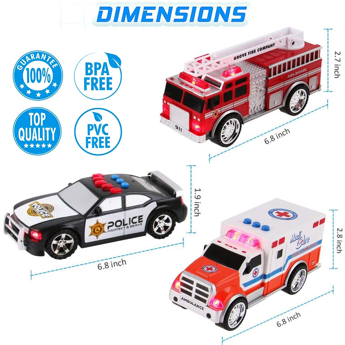 Liberty Imports 3-in-1 True Hero Emergency Rescue Vehicles Kids Toy Cars Playset - Ambulance, Fire Truck and Police Car with 3-Button LED Light and Sound Effects