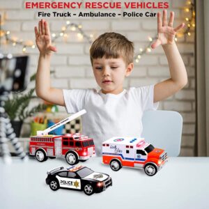 Liberty Imports 3-in-1 True Hero Emergency Rescue Vehicles Kids Toy Cars Playset - Ambulance, Fire Truck and Police Car with 3-Button LED Light and Sound Effects