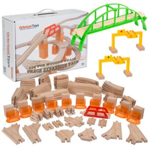 orbrium toys 110 pcs wooden train track expansion pack compatible with thomas wooden train, brio, thomas the tank engine