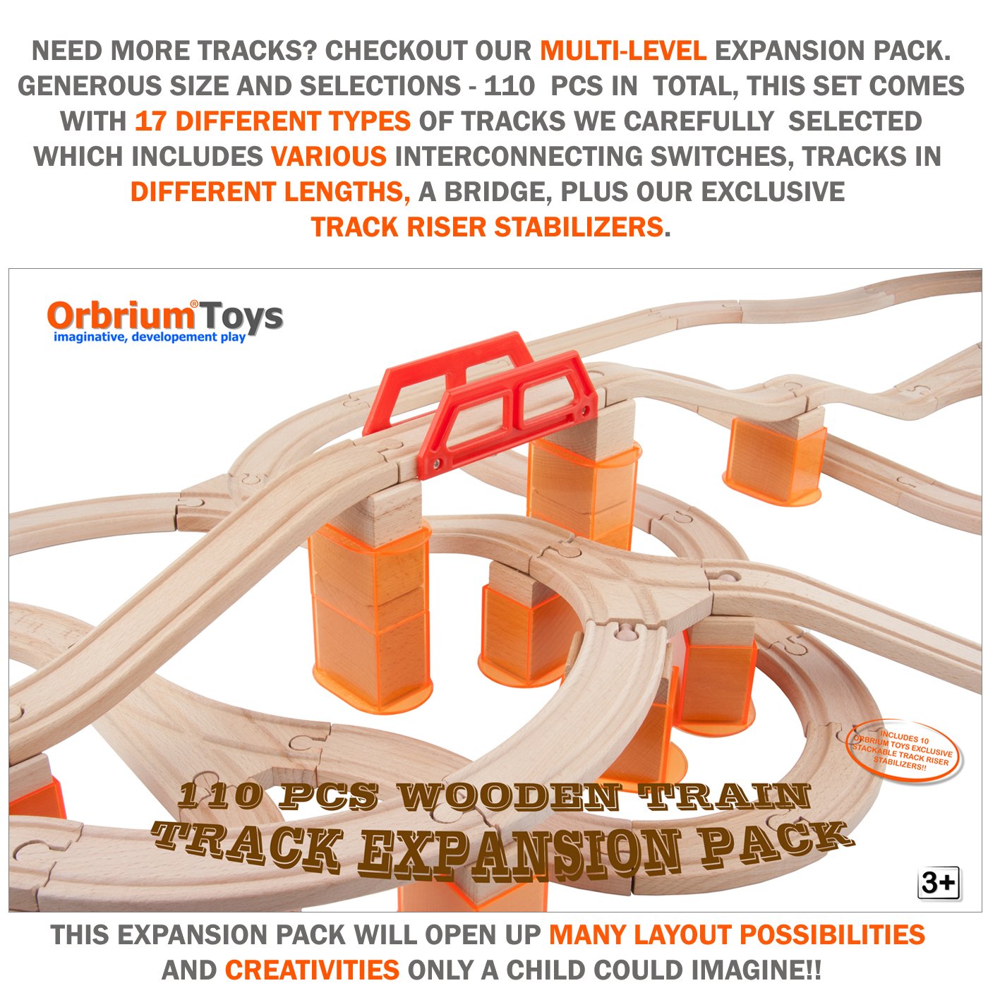 Orbrium Toys 110 Pcs Wooden Train Track Expansion Pack Compatible with Thomas Wooden Train, Brio, Thomas The Tank Engine