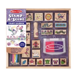 melissa & doug stamp-a-scene stamp pad: fairy garden - 20 wooden stamps, 5 colored pencils, and 2-color stamp pad