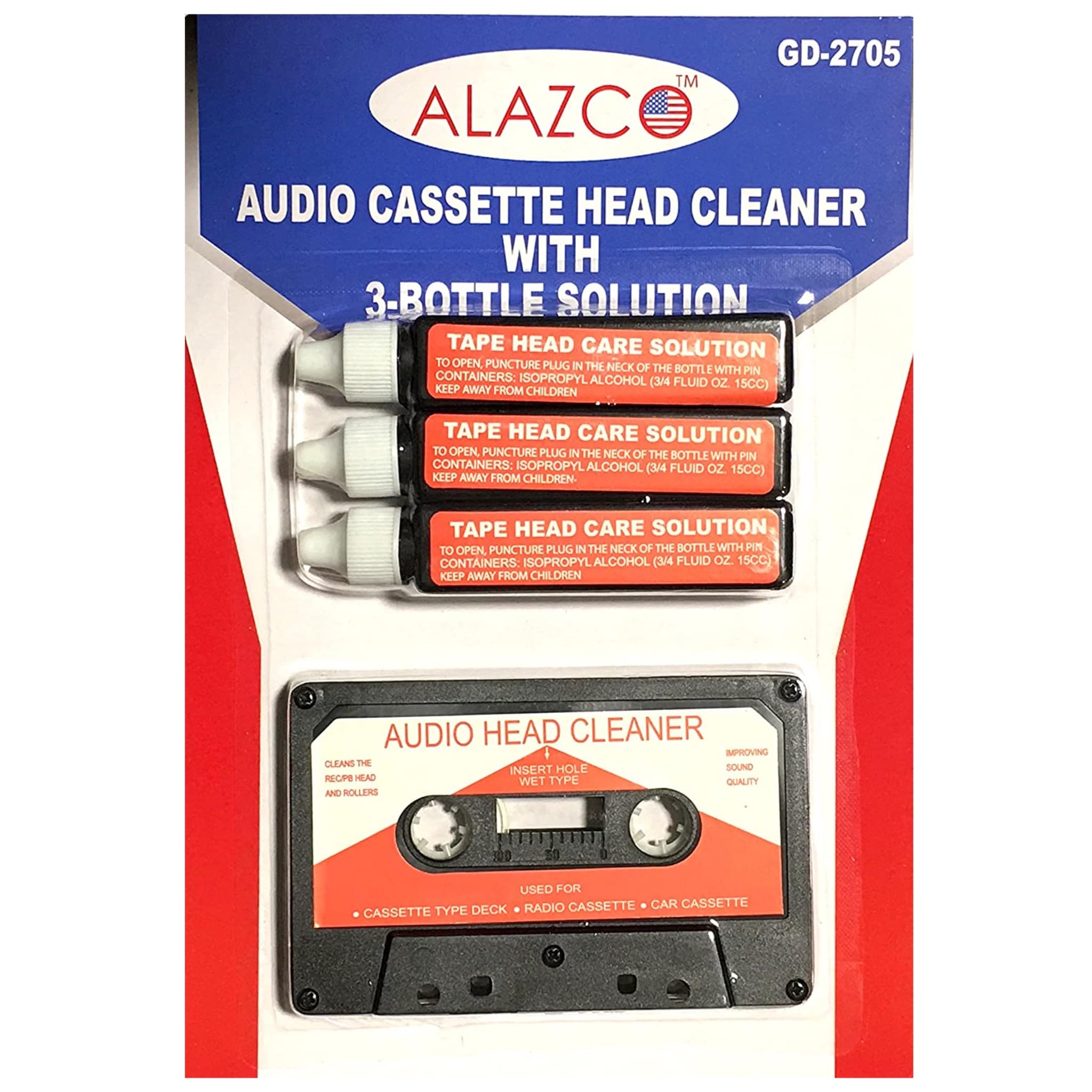 Audio Tape Cassette Head Cleaner w/ 3 Cleaning Fluids Care Wet Maintenance Kit by Alazco