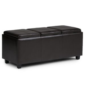 simplihome avalon 42 inch wide contemporary rectangle storage ottoman in tanners brown vegan faux leather, assembled, for the living room, entryway and family room