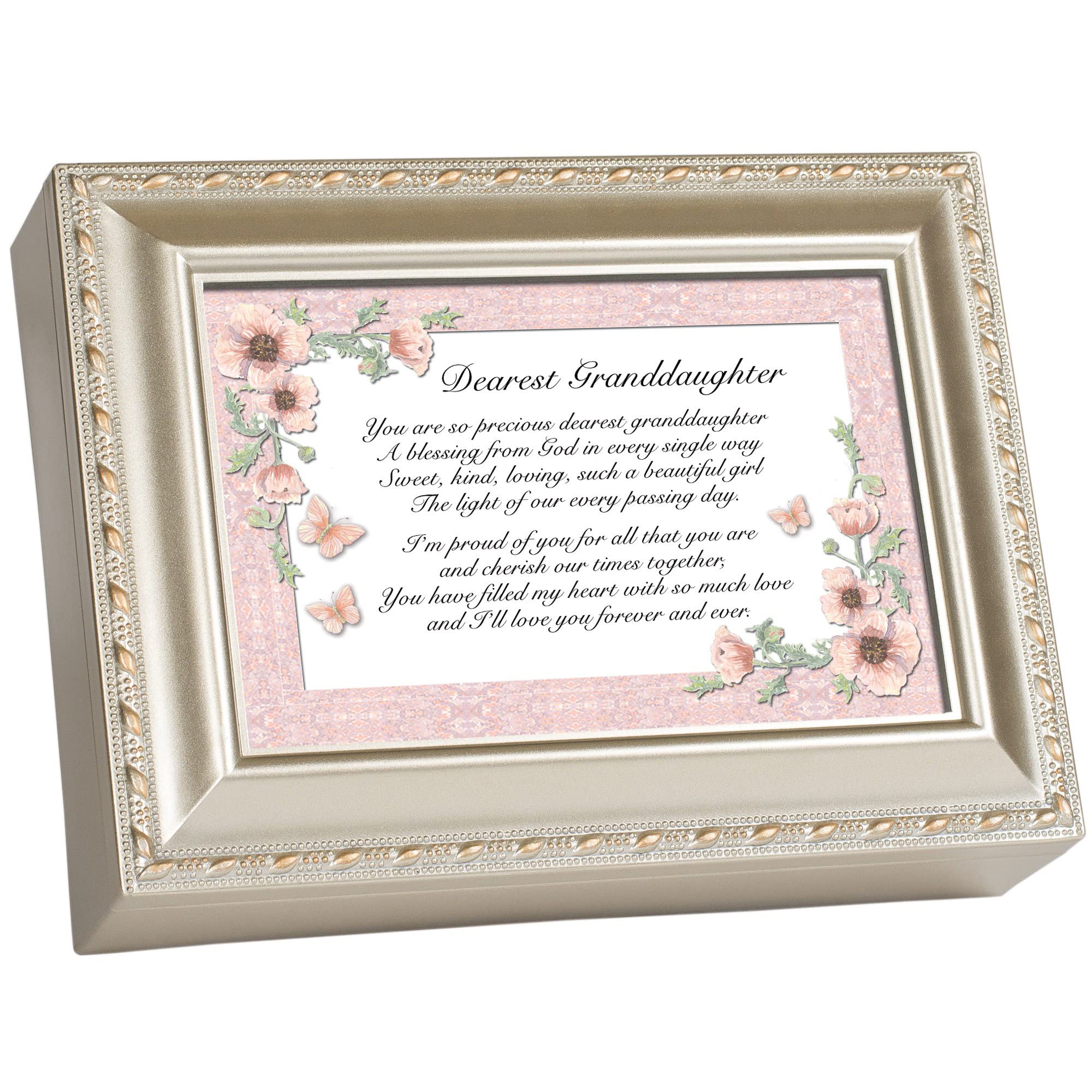 Cottage Garden Dearest Granddaughter Champagne Silver Rope Trim Music Box Plays Light Up My Life