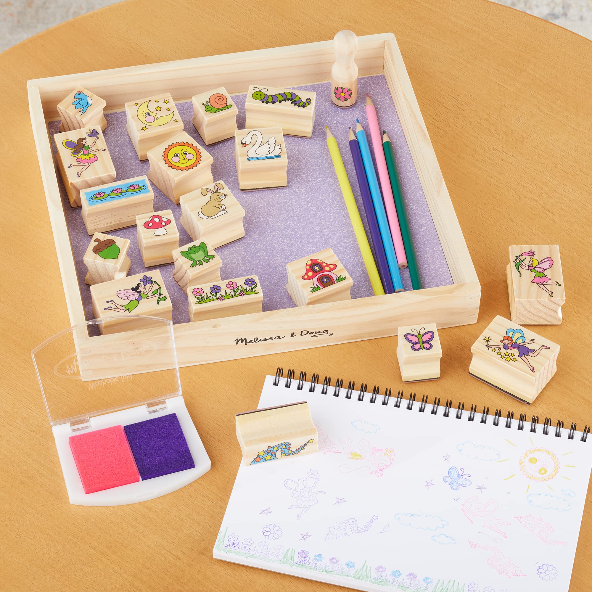 Melissa & Doug Stamp-a-Scene Stamp Pad: Fairy Garden - 20 Wooden Stamps, 5 Colored Pencils, and 2-Color Stamp Pad