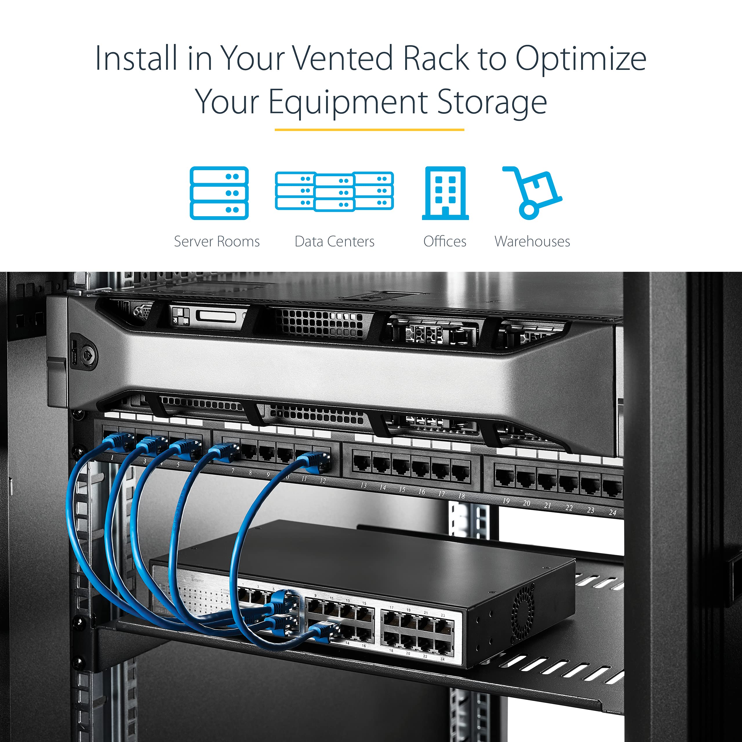 StarTech.com 2U Server Rack Shelf - Universal Vented Rack Mount Cantilever Tray for 19" Network Equipment Rack & Cabinet - Heavy Duty Steel - Weight Capacity 50lb/23kg - 16" Deep Shelf, TAA