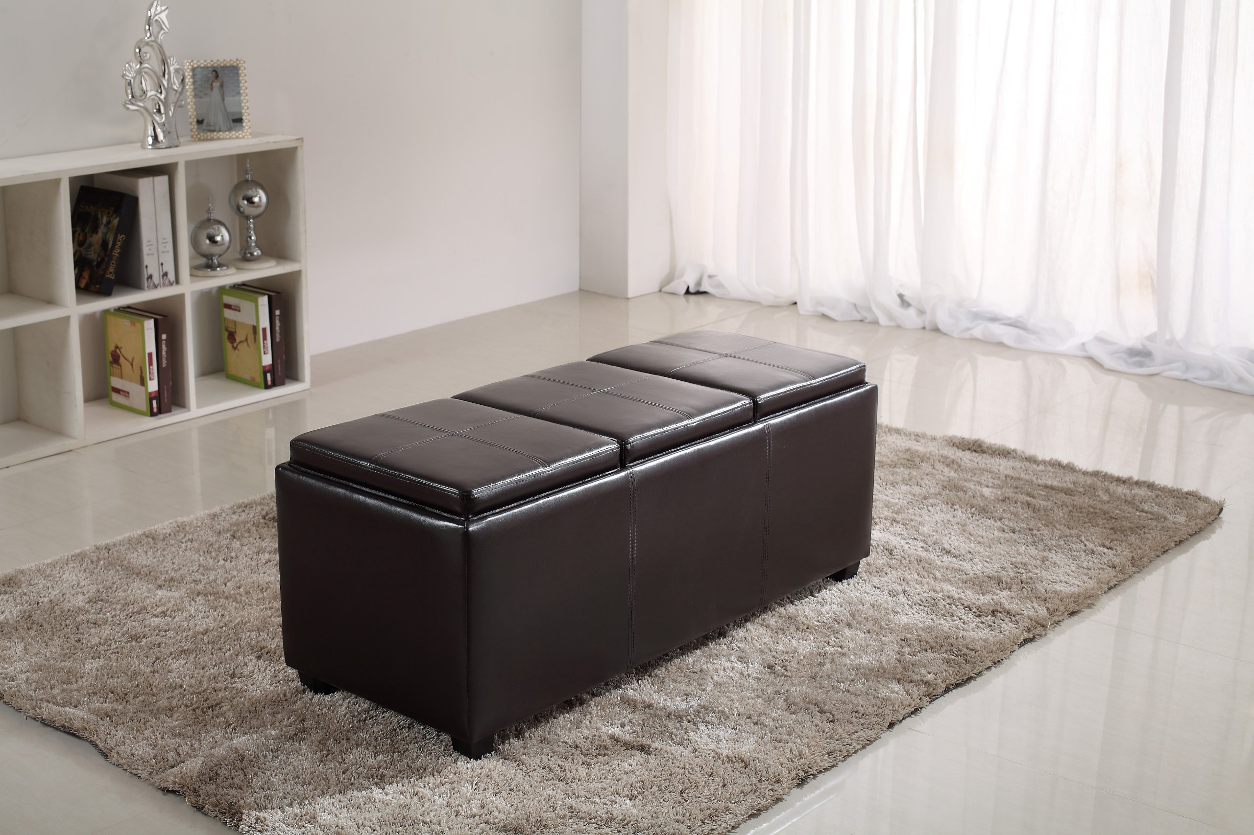 SIMPLIHOME Avalon 42 inch Wide Contemporary Rectangle Storage Ottoman in Tanners Brown Vegan Faux Leather, Assembled, for the Living Room, Entryway and Family Room