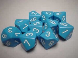 chessex dice sets: opaque light blue with white - ten sided die d10 set (10)