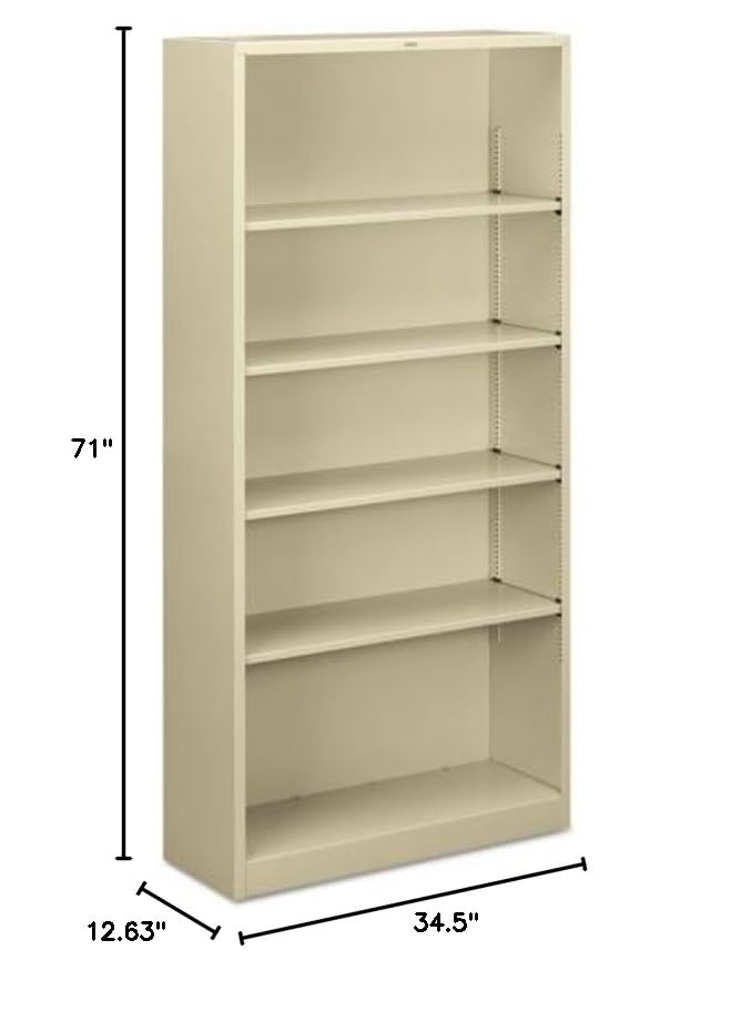 HON - Metal Bookcase, 5 Shelves, 34-1/2w x 12-5/8d x 71h, Putty - Sold As 1 Each - 34-1/2w x 12-5/8d. Shelves adjust in 1/2" increments.