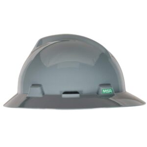 MSA 475367 V-Gard Full-Brim Hard Hat With Fas-Trac III Ratchet Suspension | Polyethylene Shell, Superior Impact Protection, Self Adjusting Crown Straps - Standard Size in Navy Gray