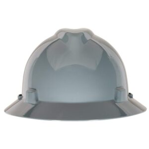 msa 475367 v-gard full-brim hard hat with fas-trac iii ratchet suspension | polyethylene shell, superior impact protection, self adjusting crown straps - standard size in navy gray