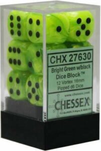 chessex dice d6 sets: vortex bright green with black - 16mm six sided die (12) block of dice