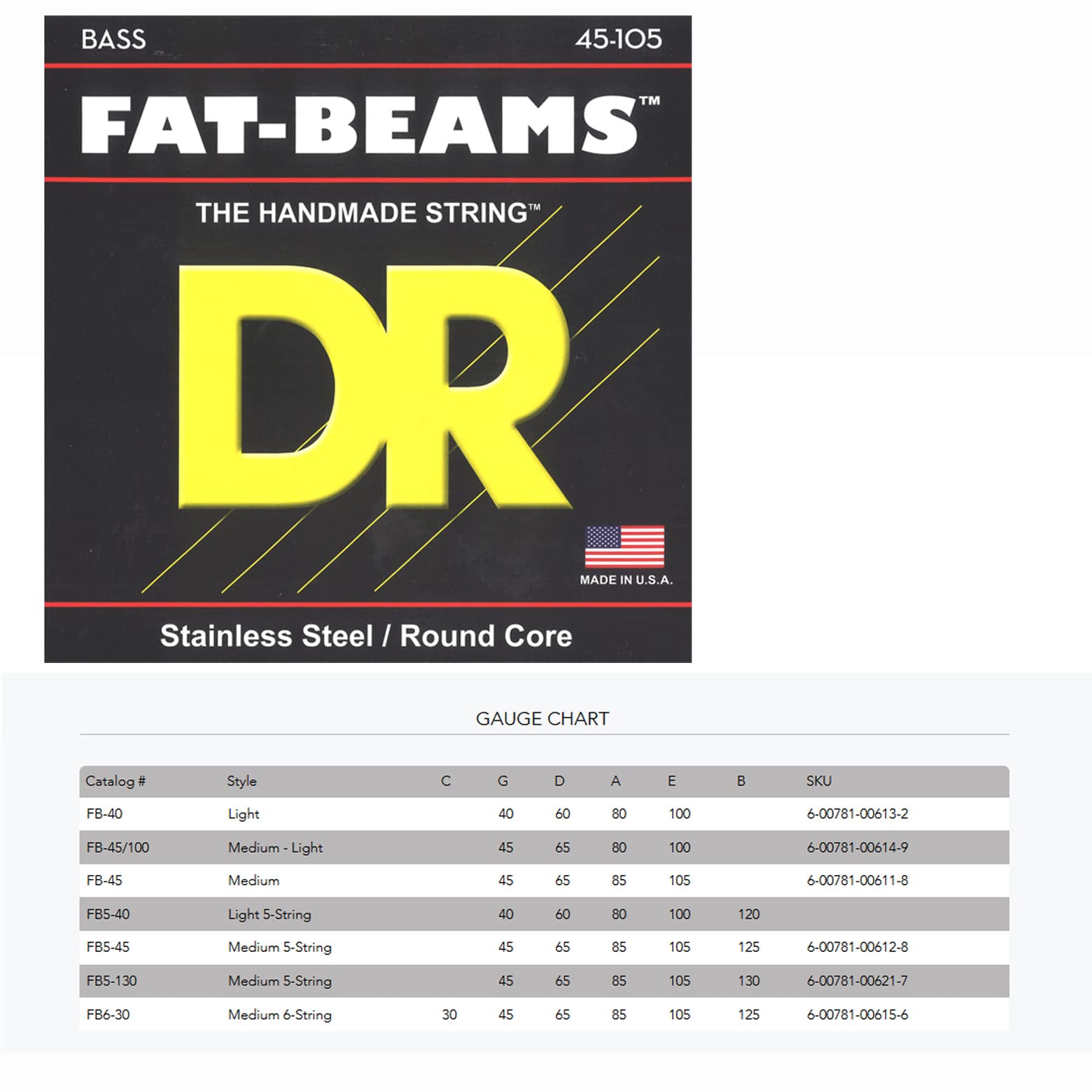 DR Strings FAT-BEAM Bass Guitar Strings (FB5-45), Silver