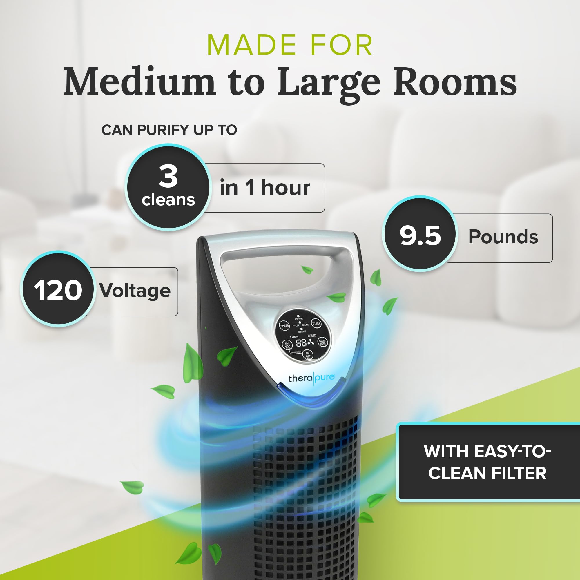 ENVION Therapure 120 Volt Medium to Large Room Air Filter HEPA Air Purifier with 3 Fan Speeds, LED Display, and 24 Hour Timer, Black