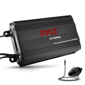 pyle hydra marine amplifier - upgraded elite series 800 watt 4 channel micro amplifier - waterproof, gain level controls, rca stereo input, 3.5mm jack, mp3 & volume control (plmrmp3b)