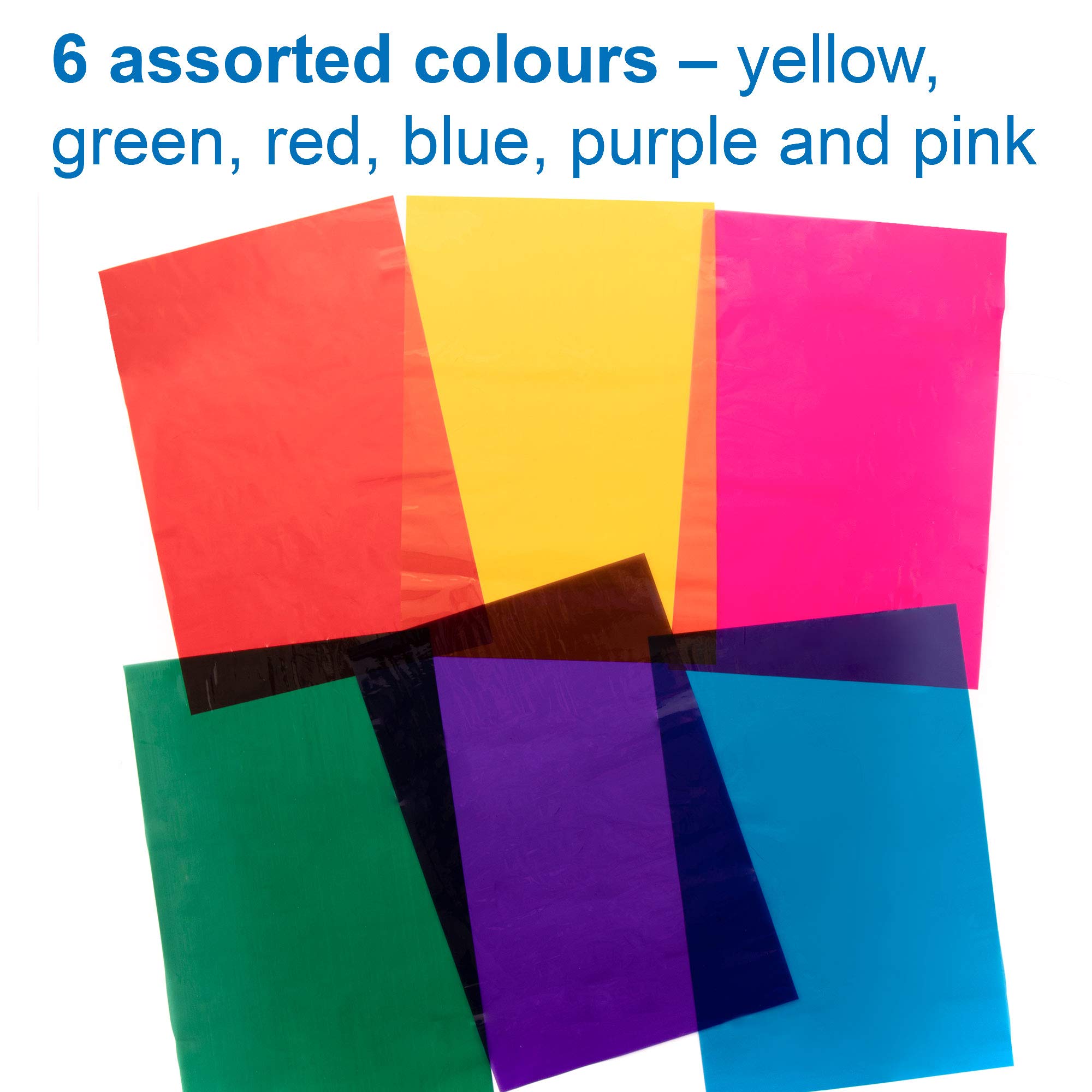 Baker Ross EK5452 A4 Cellophane Sheets Value Pack, Assorted Colours — Creative Art and Craft Supplies for Kids' Projects Stained Glass Decorations and Collage (Pack of 36)