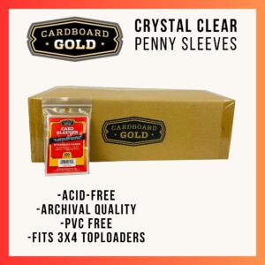 Cardboard Gold Penny Sleeves for Trading Cards - 100 Count Card Protector Sleeves with Durable, Crystal-Clear Plastic for Baseball, Sports, Collector, Standard-Sized Cards 2-5/8” x 3-5/8” (67x94mm)