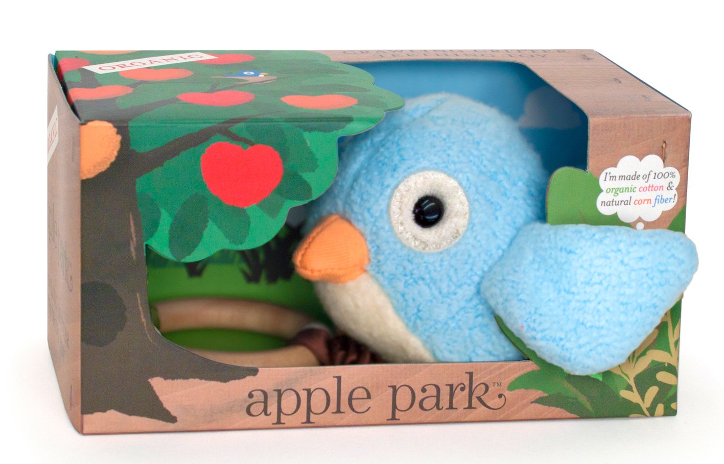 Apple Park Crawling Blue Birdie Teething Baby Toy - Hypoallergenic, 100% Organic Cotton, Bamboo Ring