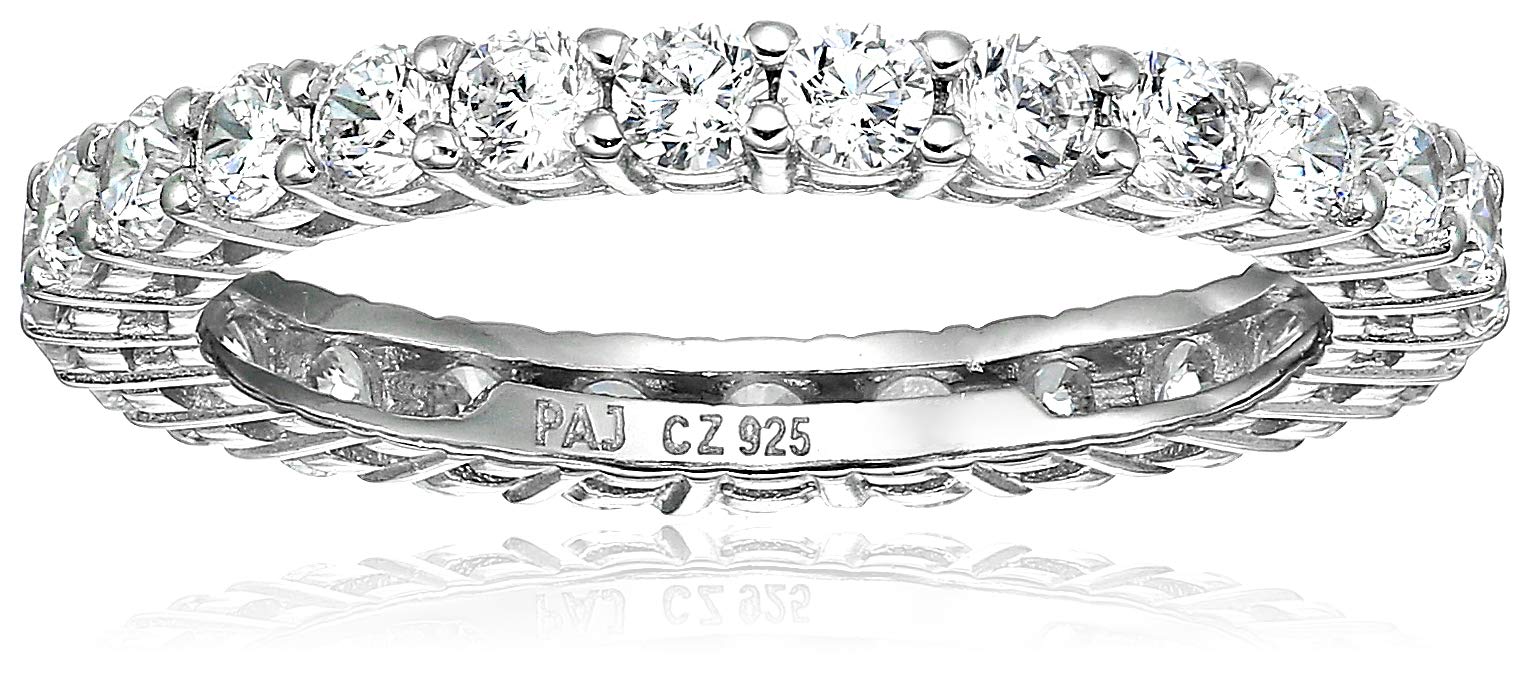 Amazon Essentials Platinum Over Sterling Silver Round Cut Cubic Zirconia All-Around Band Ring (2.5mm), Size 8, (previously Amazon Collection)