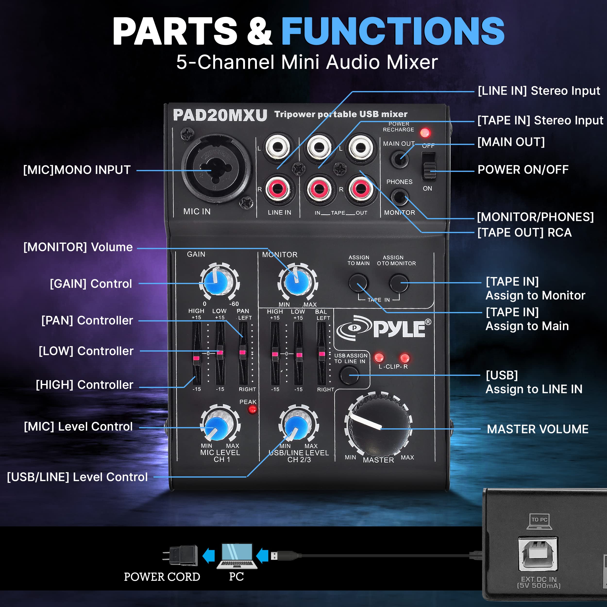 Pyle 5 Channel Audio Mixer - DJ Sound Controller Interface with USB Soundcard for PC Recording, XLR 3.5mm Microphone Jack, 18V Power, RCA Input and Output for Professional and Beginners -PAD20MXU