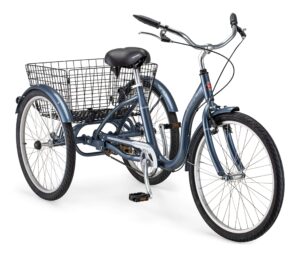 schwinn meridian adult tricycle bike, mens and womens three wheel beach cruiser, 24-inch wheels, low step-through frame, wide seat, rear folding basket, 1-speed, slate blue