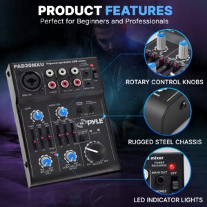 Pyle 5 Channel Audio Mixer - DJ Sound Controller Interface with USB Soundcard for PC Recording, XLR 3.5mm Microphone Jack, 18V Power, RCA Input and Output for Professional and Beginners -PAD20MXU