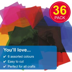 Baker Ross EK5452 A4 Cellophane Sheets Value Pack, Assorted Colours — Creative Art and Craft Supplies for Kids' Projects Stained Glass Decorations and Collage (Pack of 36)