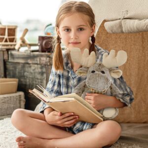 DolliBu Brown Sitting Moose Plush - Super Soft Moose Stuffed Animal, Wildlife Stuffed Moose Plush Toy, Cute Stuffed Animal for Boys and Girls, Plush Moose Gift for Baby, Kids, and Adults - 11 Inches