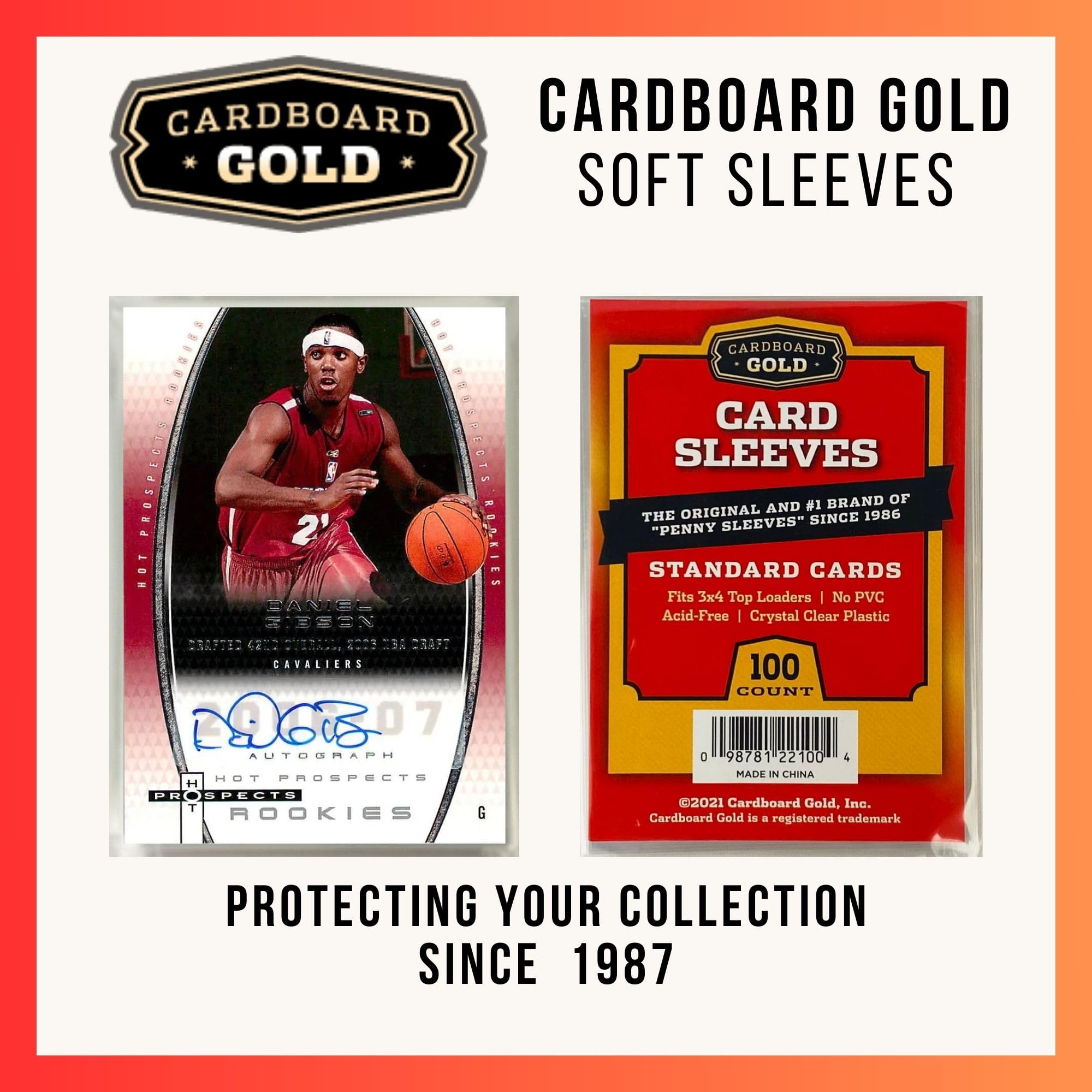 Cardboard Gold Penny Sleeves for Trading Cards - 100 Count Card Protector Sleeves with Durable, Crystal-Clear Plastic for Baseball, Sports, Collector, Standard-Sized Cards 2-5/8” x 3-5/8” (67x94mm)