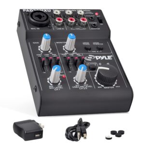 pyle 5 channel audio mixer - dj sound controller interface with usb soundcard for pc recording, xlr 3.5mm microphone jack, 18v power, rca input and output for professional and beginners -pad20mxu