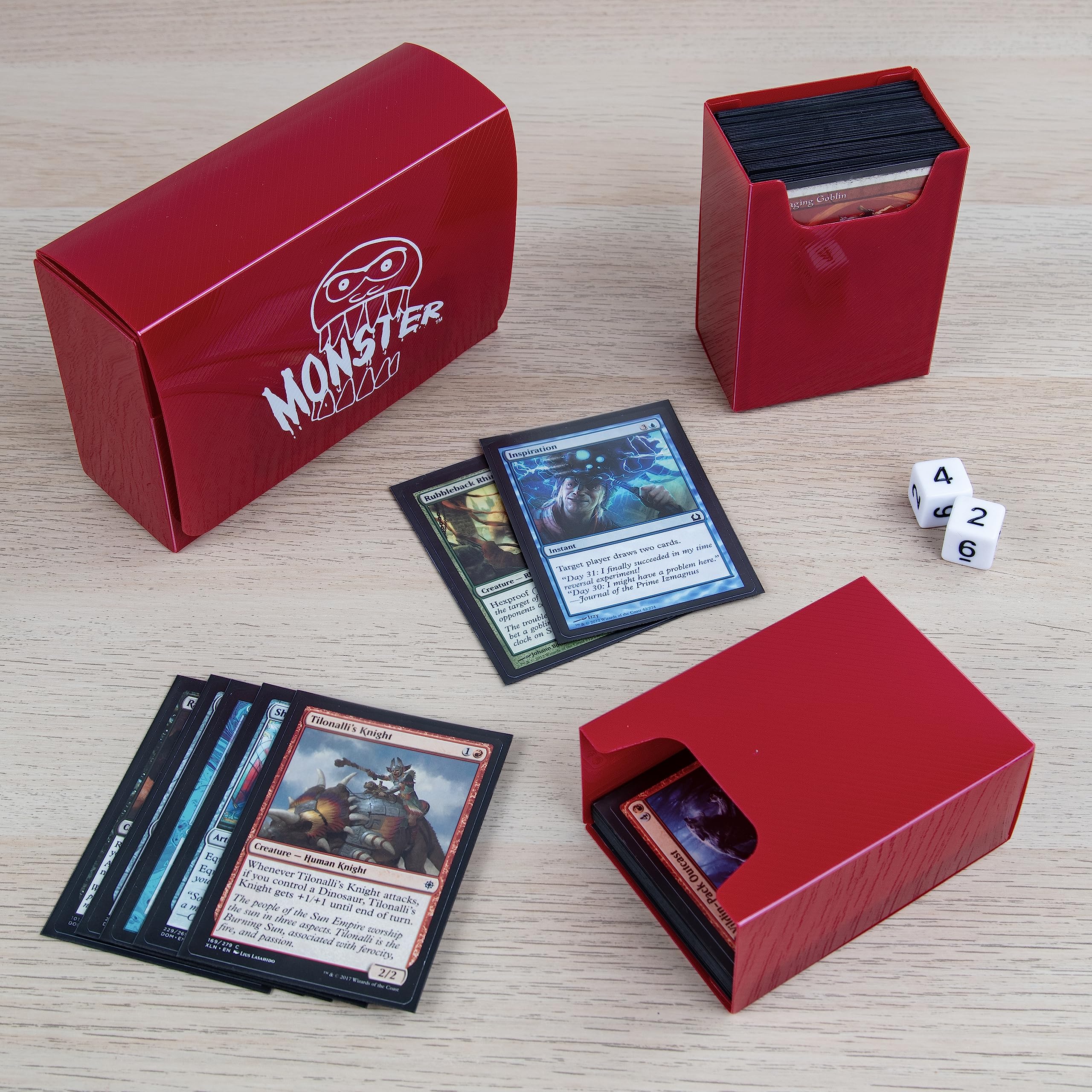 Monster Protectors Magnetic Double Deck Box - Red, Holds 150 Gaming TCGs, Self-Locking Closure, Compatible w Standard & Smaller Size Gaming Trading Cards, Removable Construction