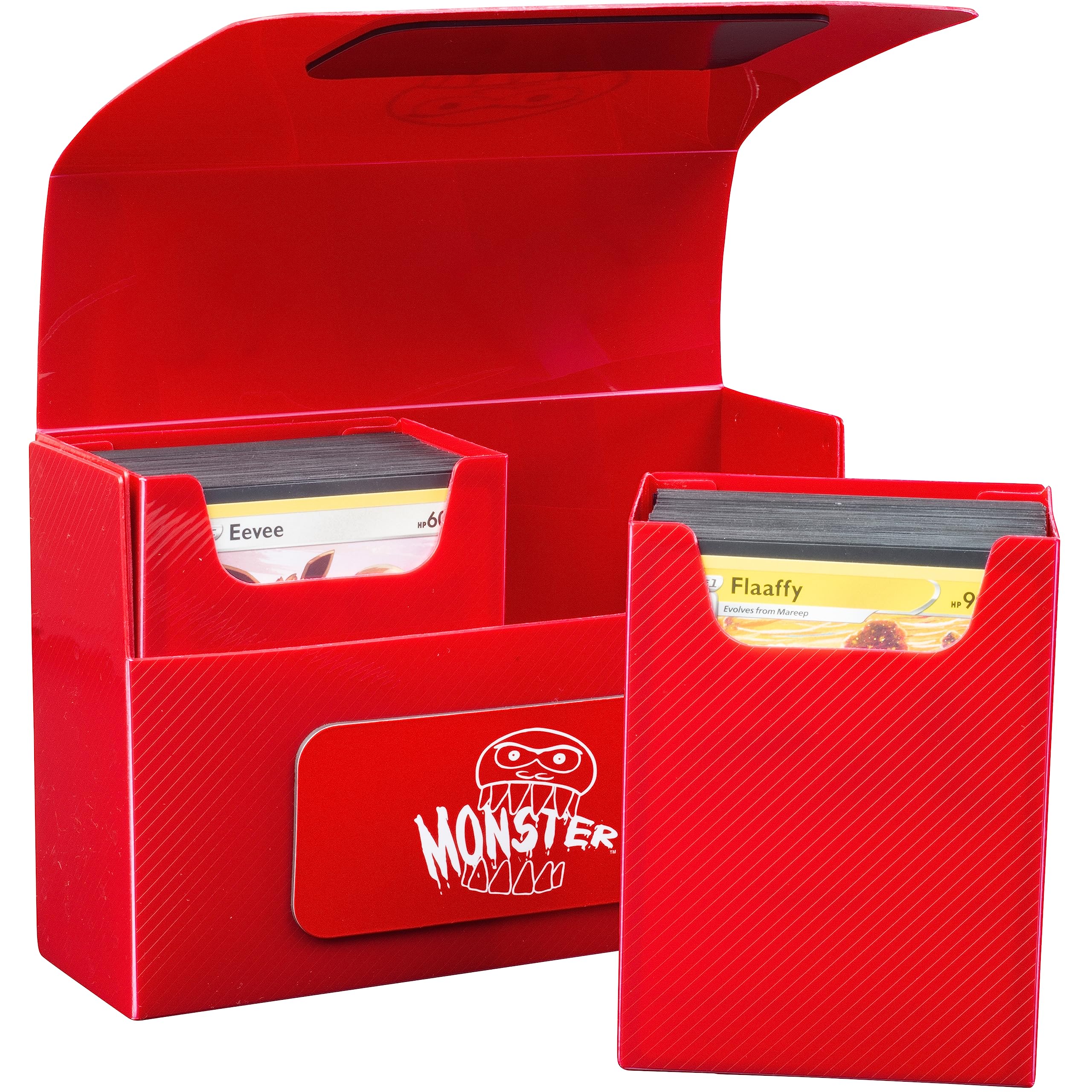 Monster Protectors Magnetic Double Deck Box - Red, Holds 150 Gaming TCGs, Self-Locking Closure, Compatible w Standard & Smaller Size Gaming Trading Cards, Removable Construction