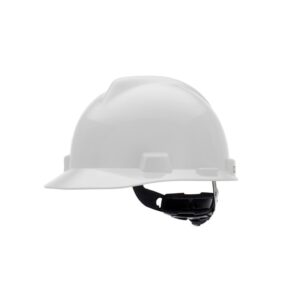 msa 477482 v-gard cap style safety hard hat with fas-trac iii ratchet suspension | polyethylene shell, superior impact protection, self adjusting crown-straps - large size in white