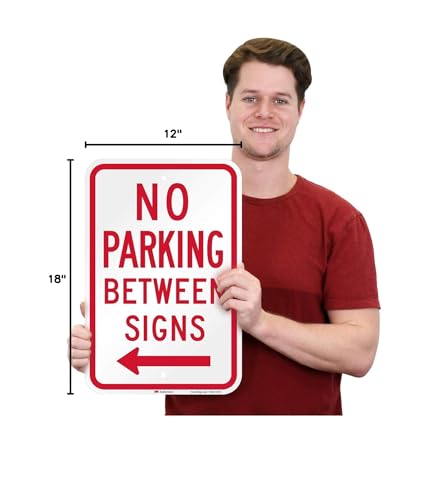 SmartSign-T1-1050-HI No Parking Between Signs Sign With Left Arrow By | 12" x 18" 3M High Intensity Grade Reflective Aluminum - Red on White