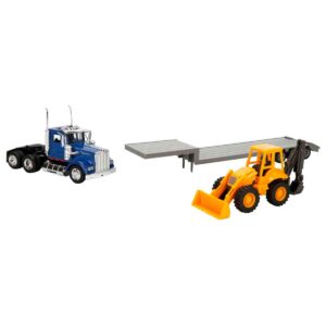 Newray 1:43 Trailer Kenworth W900 with Backhoe Loader 1/43 Scale Replica