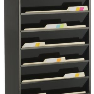 Displays2go File Folder Wall Rack with 11 Tiered Pockets, Shows Only The Top Portion of a File Folder, Office Filing Rack for Wall Mount - Black Powder-Coated Steel