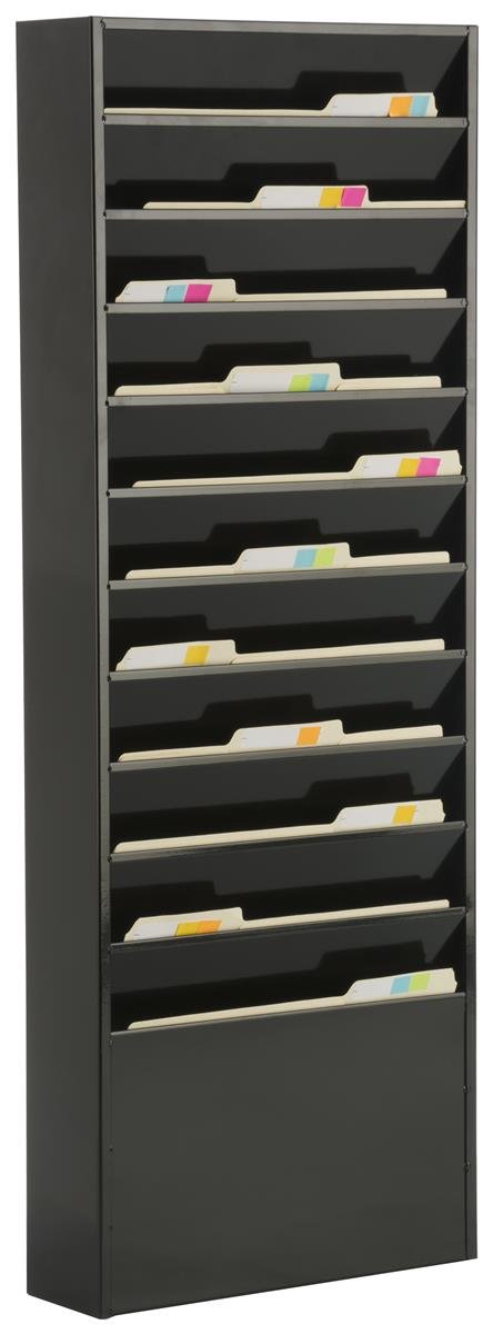 Displays2go File Folder Wall Rack with 11 Tiered Pockets, Shows Only The Top Portion of a File Folder, Office Filing Rack for Wall Mount - Black Powder-Coated Steel