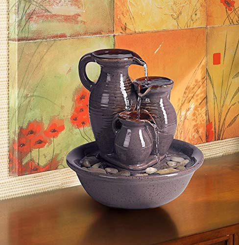 Triple Jug Zen Indoor Cascading Small Tabletop Water Fountain Chocolate Speckle Ceramic Real River Rock 9" for Table Desk-Top Home Office Bedroom House Relaxation Living Room - John Timberland