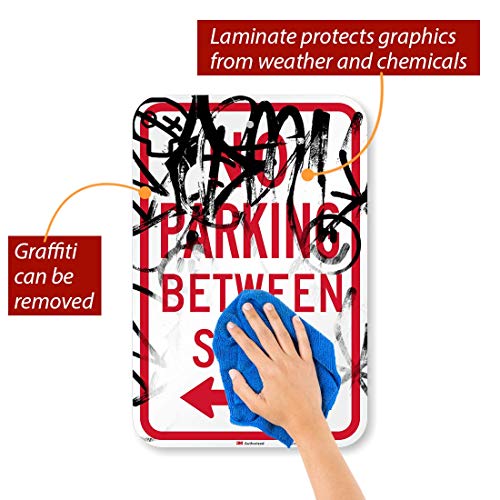 SmartSign-T1-1050-HI No Parking Between Signs Sign With Left Arrow By | 12" x 18" 3M High Intensity Grade Reflective Aluminum - Red on White